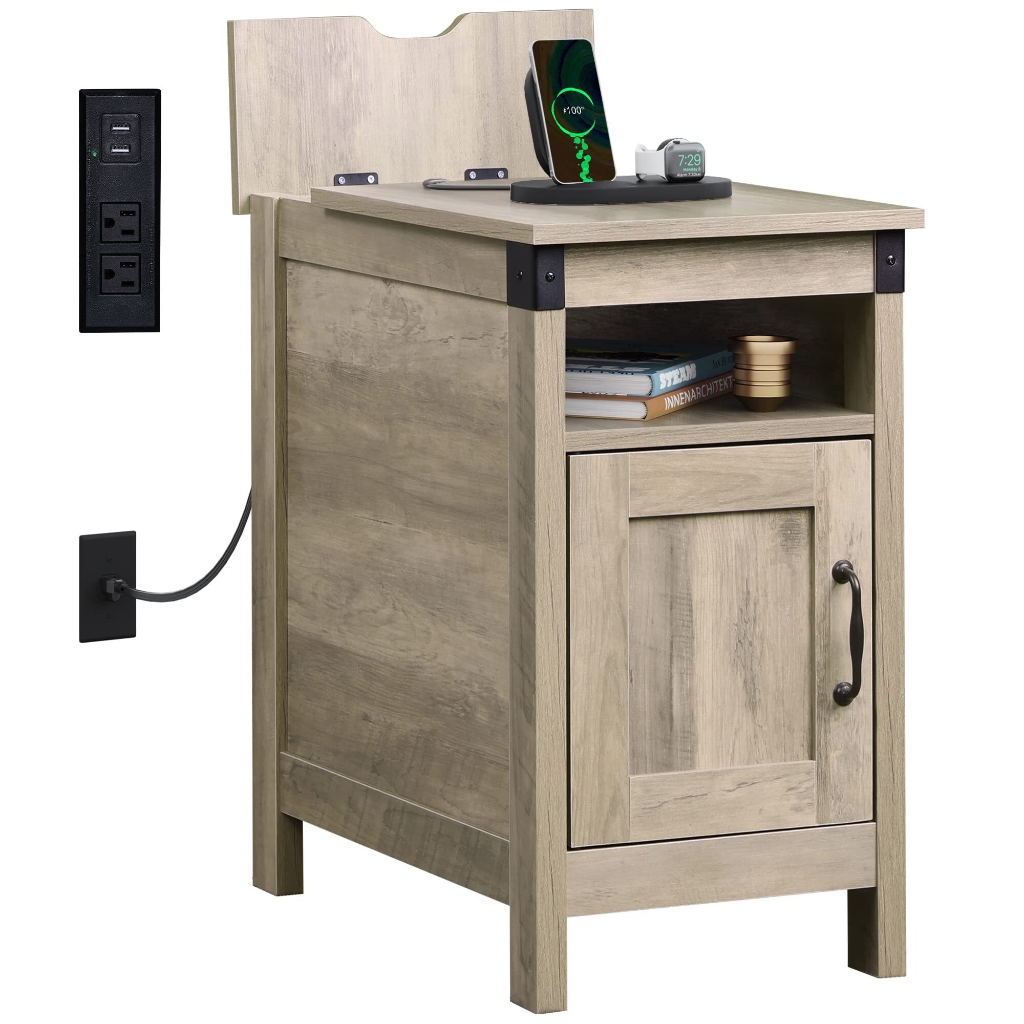 LED Nightstand with Wireless Charging Station, Narrow End Table with ...