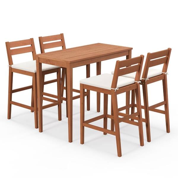 Gymax 5 Piece Outdoor Bar Set Patio Eucalyptus Wood Bar Height Table ...