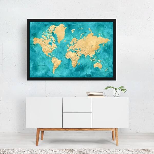 Teal Watercolor and Gold World Map with Cities Maps Art Print/Poster ...