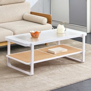 Double Layered Coffee Table with Glass Top and Imitation Rattan Shelf ...