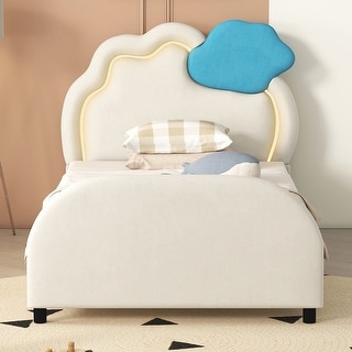 Twin Size Platform Low-profile Frame with Beige Marshmallow Cloud Headboard, Embedded Light ...