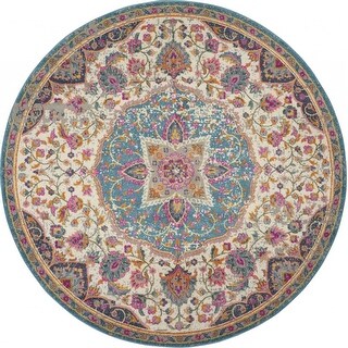 4' Round Pink and Blue Floral Medallion Area Rug - 3'6" - Bed Bath ...