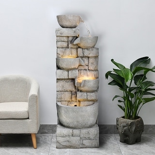 5 Tiered Bowls Outdoor Water Fountain with LED Lights for Garden Decor ...