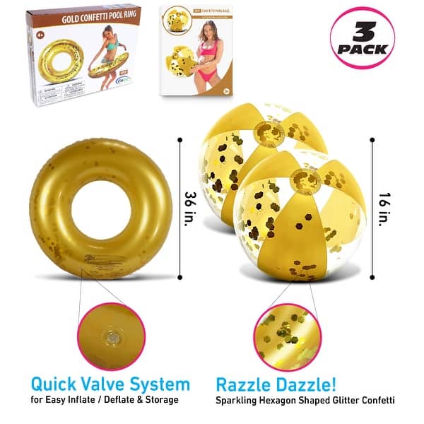 Mozlly Bundle of Gold Inflatable Pool Float Tube And Beach Balls ...