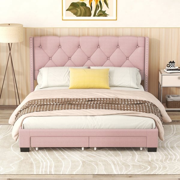 Pink Queen Size Upholstered Platform Bed w/ 2 Pull-out Storage Drawers ...