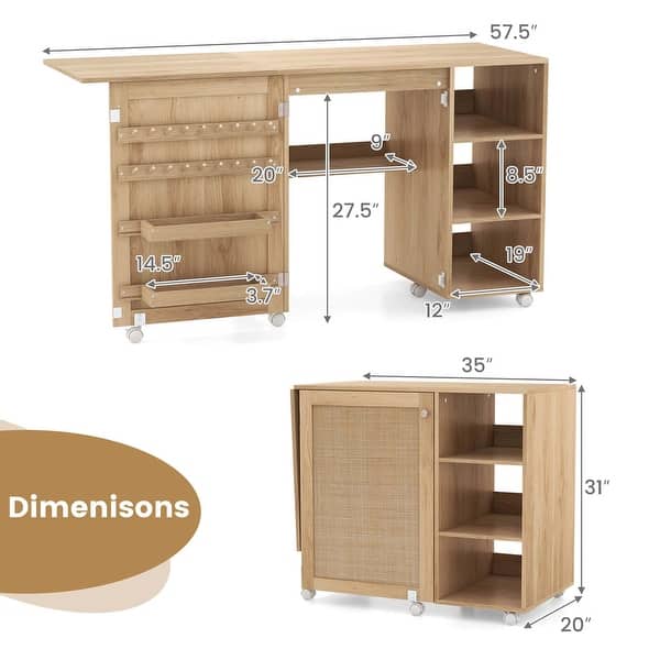 Costway Rattan Sewing Machine Table with Rattan Door 18 Pegs Storage ...
