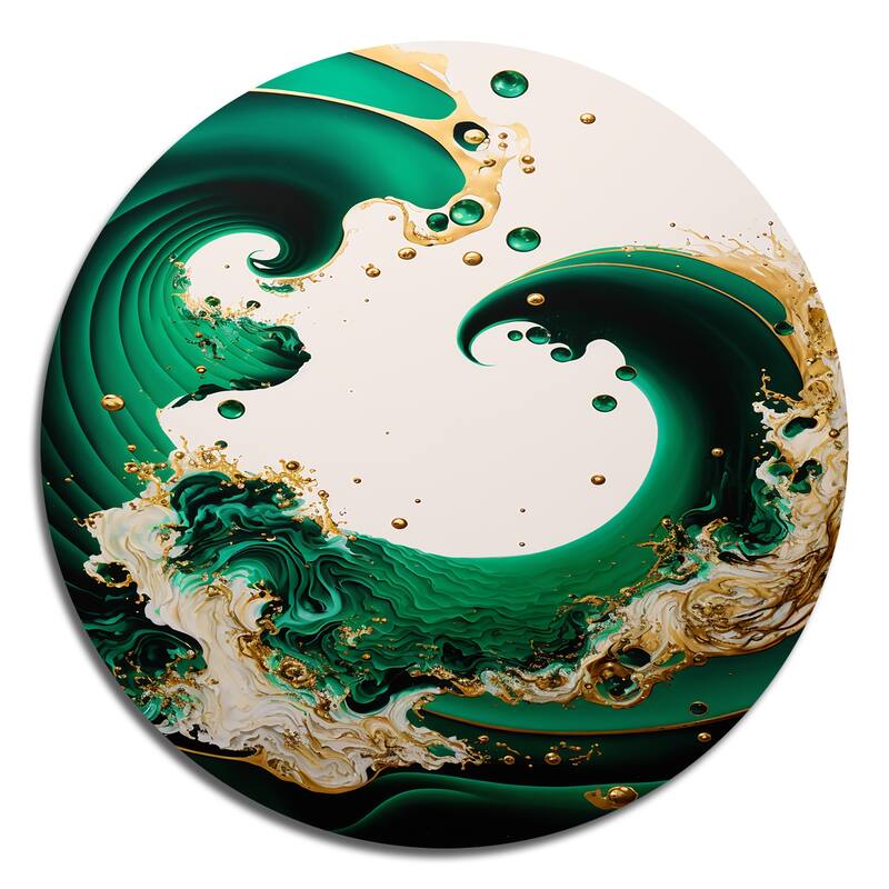Designart 'Emerald Green And Gold Abstract Waves I' Modern Metal Round ...
