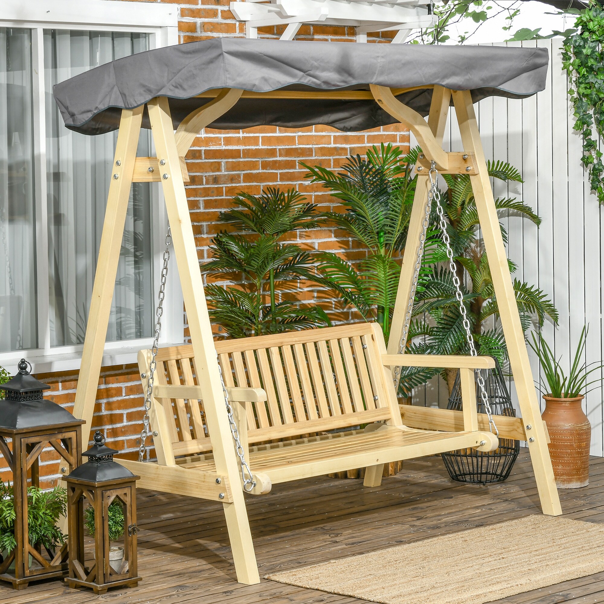 Outsunny 2 Person Outdoor Porch Swing with Wooden Stand Strong A Frame Design Adjustable Water Fighting Canopy