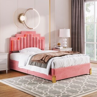Velvet Upholstered Frame Wingback Bed with Stepped Headboard Design ...