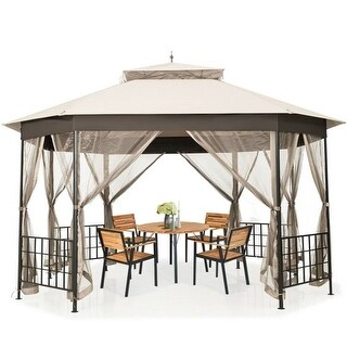 Outdoor 10 x 12 Ft Octagon Gazebo with Mosquito Net Sidewalls and Beige ...