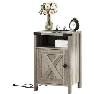 Rustic End Table with Charging Station, Barn Door Design, Wash Grey ...
