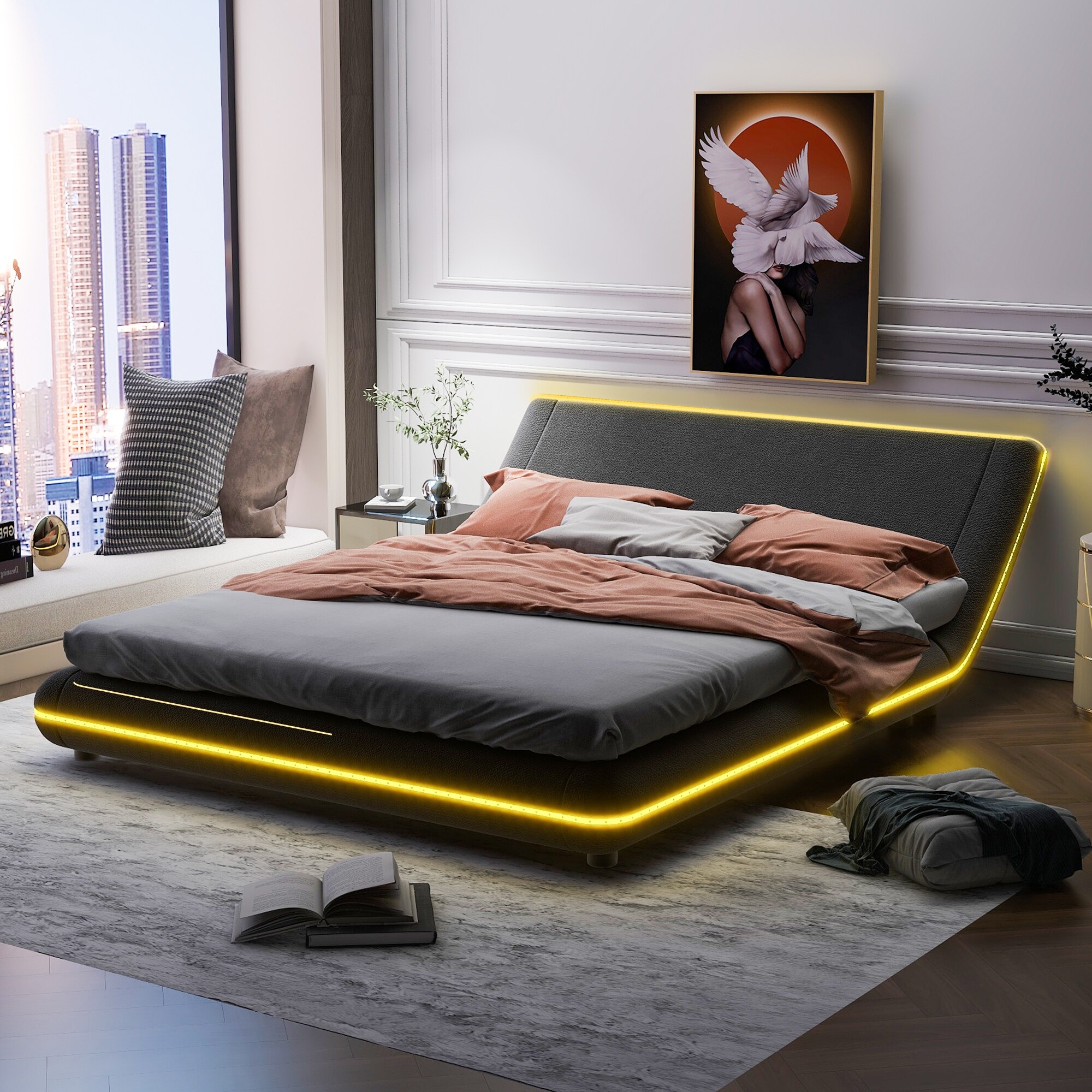 Gray leather bed frame store