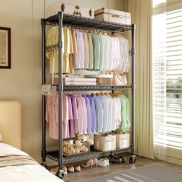 3-Tier Adjustable Clothes Rack with Wheels, Heavy Duty Metal Garment ...