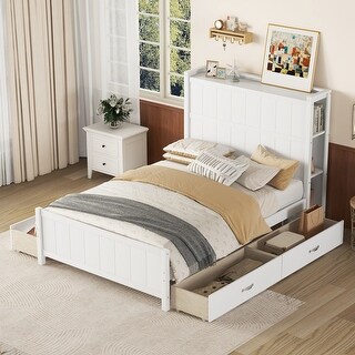 Modern Full Bed Platform Bed with Drawers and Storage Shelves,Antique ...