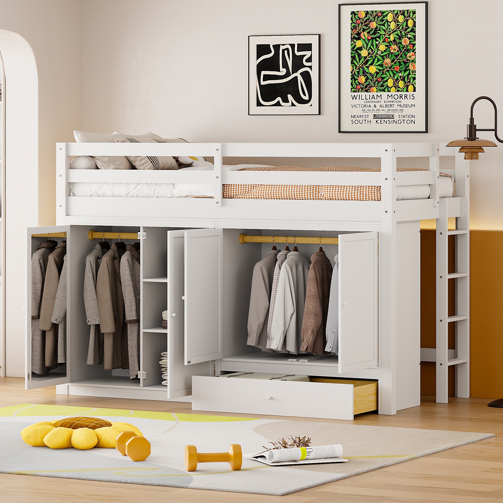 Twin Loft Bed with 2 Wardrobes Drawer and Mirror Space Saving Design with Storage and Safety Rails White