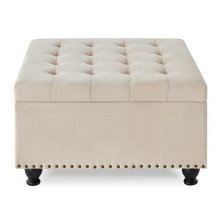 Beige Square Storage Ottoman with Wooden Legs: Timeless Appeal - Bed ...