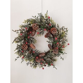 18”Artificial Wreath with Red Berries Rusty Bells Pine Cones and Pine ...