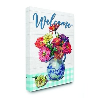 Stupell Welcome Flower Pot Blue Plaid Rustic Word Design Canvas Wall ...