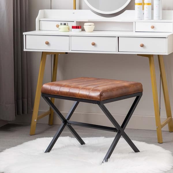 Tufted Faux Leather Vanity Bench with Metal X Legs - Bed Bath & Beyond ...