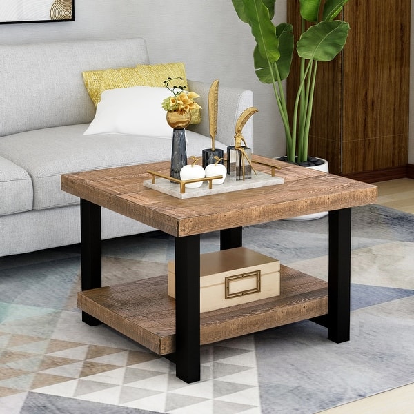 26" Square Coffee Table for Living Room with Storage Shelf and Metal ...