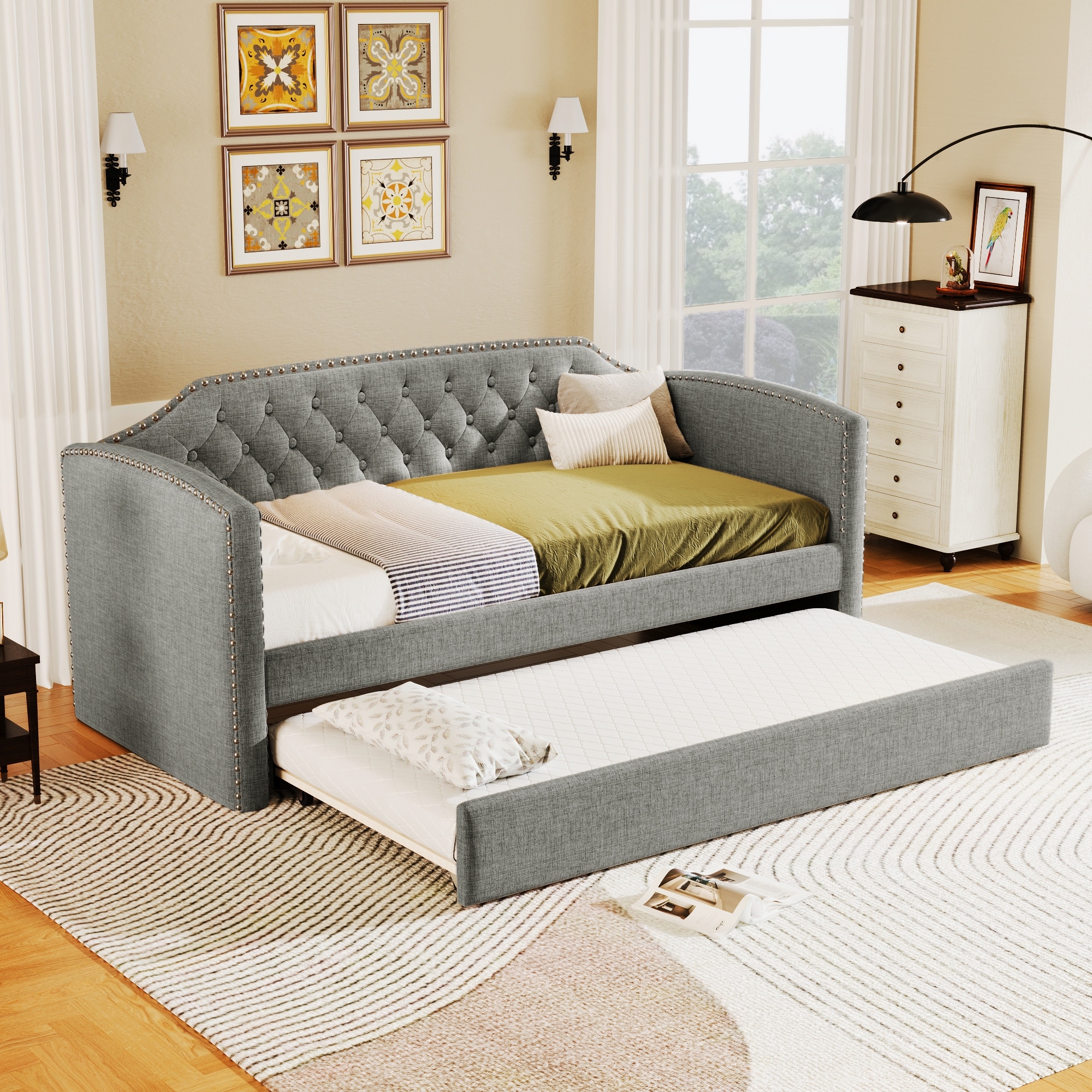 Grey Twin Size Upholstered Daybed with Trundle, Button Tufted Sofa Bed ...