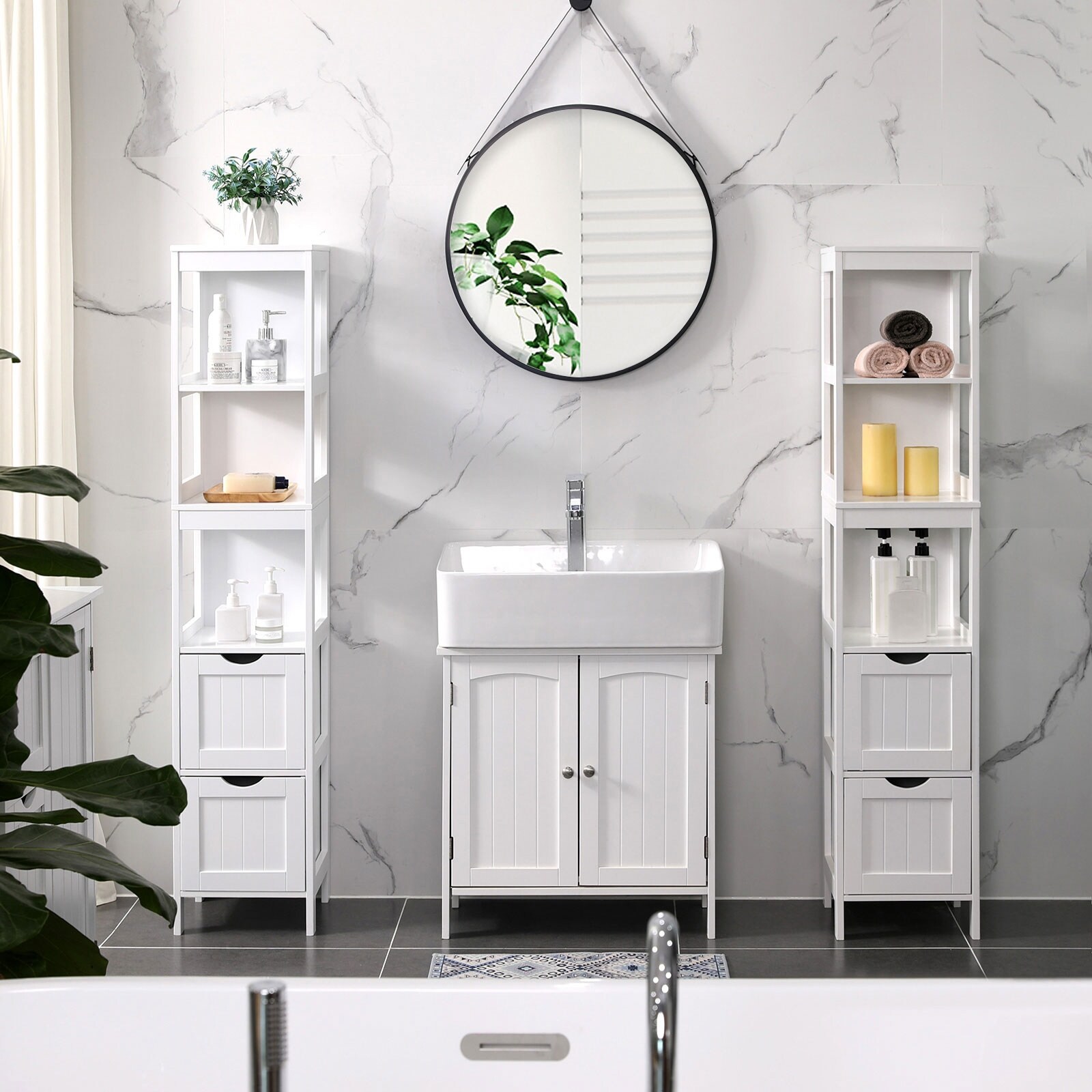 VASAGLE Bathroom Tall Cabinet Linen Tower Floor Storage Cupboard with 2 Drawers and 3 Open Shelves 11.8 x 11.8 x 55.7 Inches Bed Bath Beyond 36648347