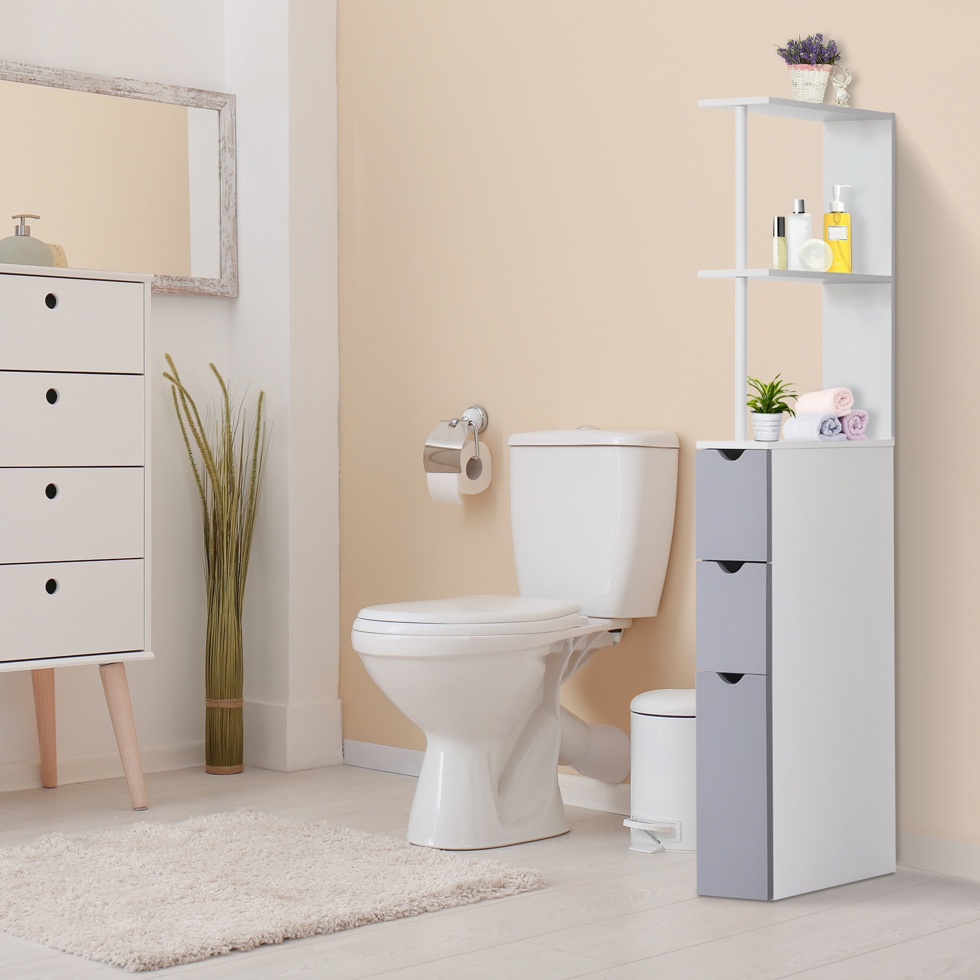 Bathroom Storage Cabinet Freestanding Linen Tower Cabinet Narrow Tall Cabinet with Storage Drawer Display Side Cabinet