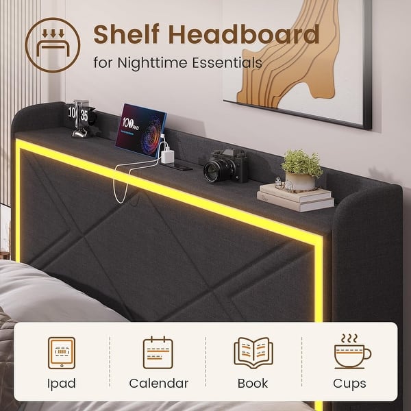 Bed Frame LED Lights Headboard & USB-C/A Charging Station 4 Drawers ...