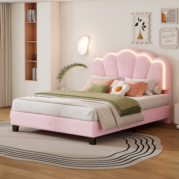 Pink Full Size Sherpa Fabric Upholstered Platform Bed with Floral Headboard and Wooden Slats