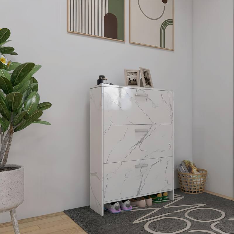 White Marble Color High Glossy Shoe Cabinet with Retro Handles - On ...