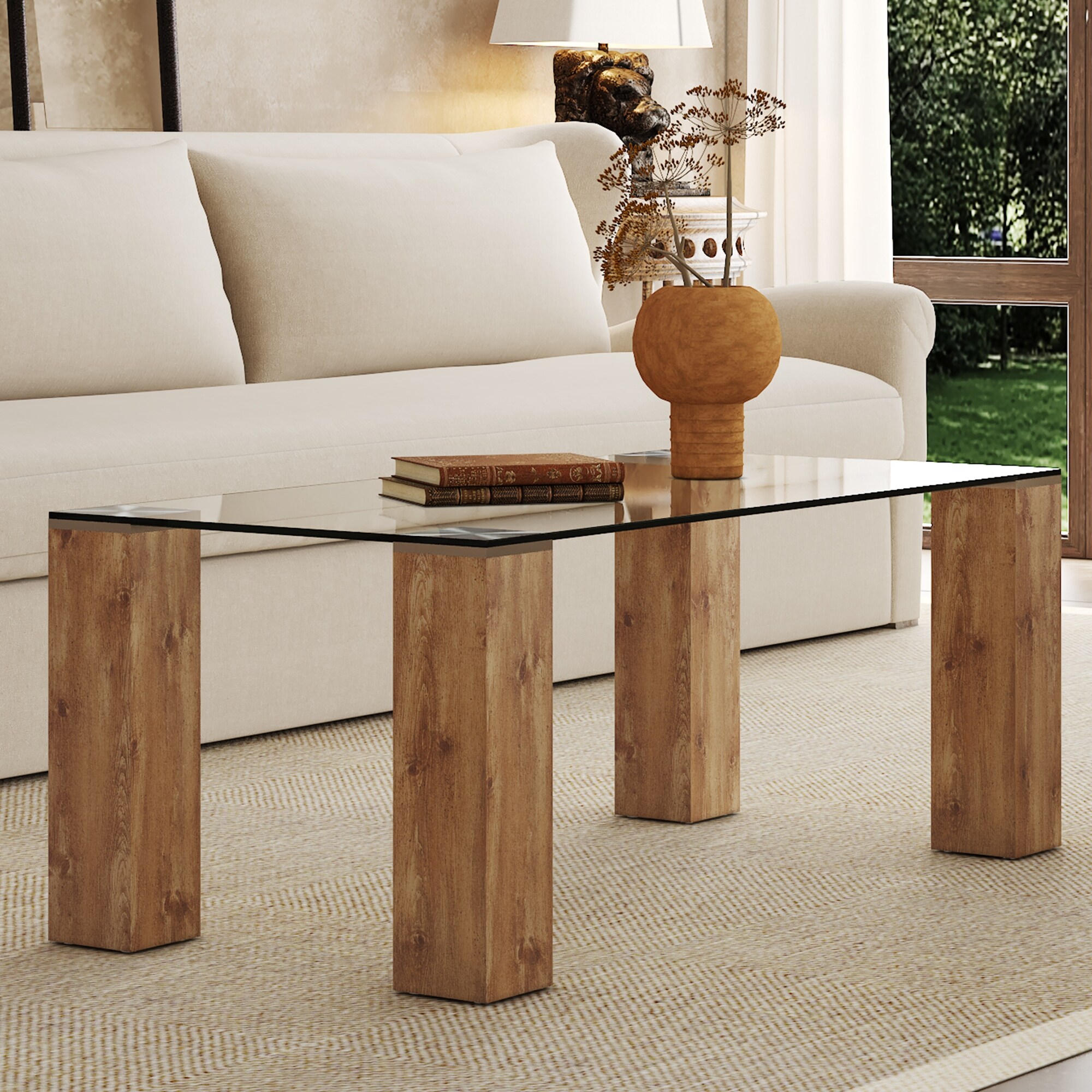 Glass Top Coffee Table Tea Table with MDF Legs 44.9 21.7 16.9 Wood Glass Transparent