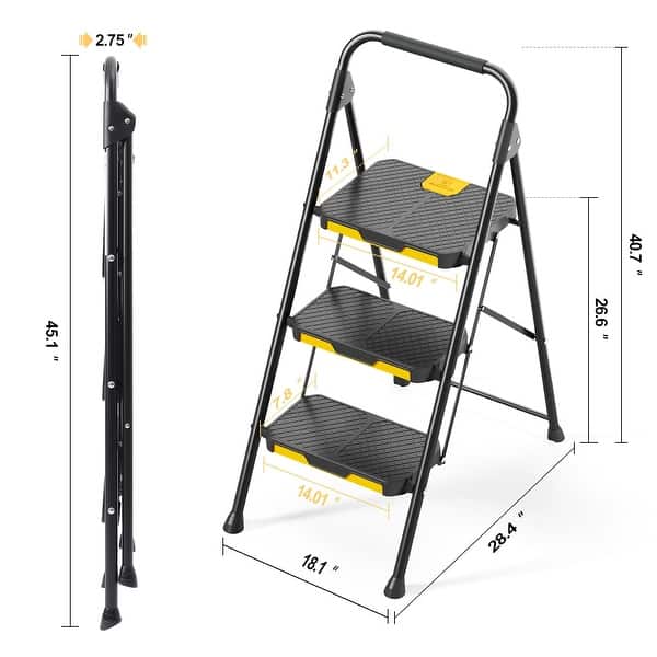 3 Step Ladder, Sturdy Steel Step Stool with Safe-Lock Design, Handrail ...