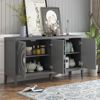4-door Sideboard Cupboard Console Table w/ Circular Groove Design Round ...