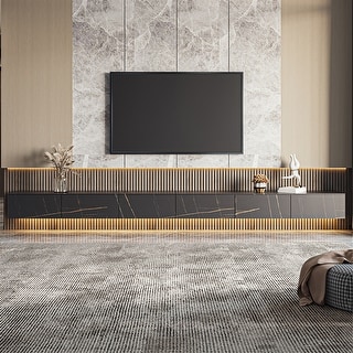 Black Floating Sintered Stone TV Console Flip-down Door Full-assembled ...