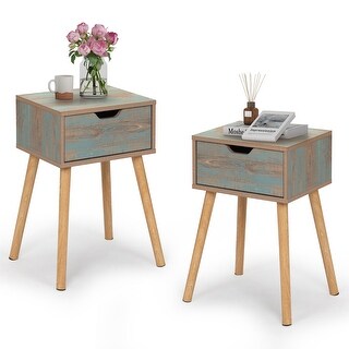 Set of 2 Wood Side Table End Table with Pull-out Storage Drawer and Cut ...