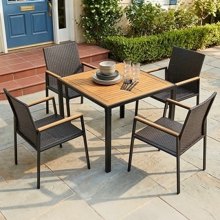 Nuu Garden 5PCS Acacia Wood Wicker Patio Dining Set with Umbrella Hole ...