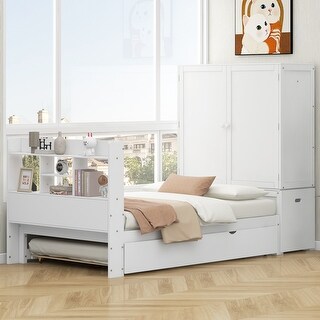 Double platform bed with storage headboard, pull-out shelves - Bed Bath ...