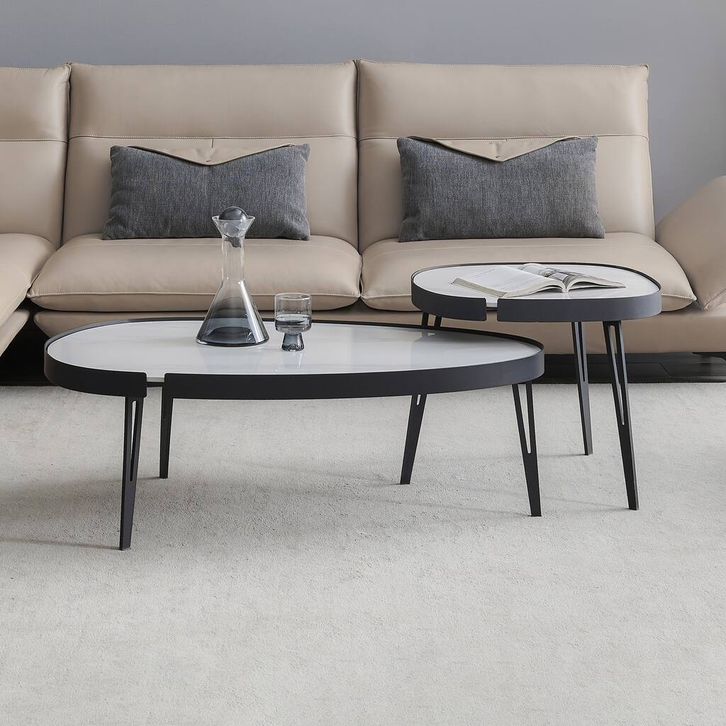 Nesting coffee table black metal frame with sintered stone tabletop set ...
