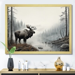 Designart "Grey Moose Tranquil Tones" Animals Framed Wall Decor - Bed ...
