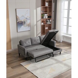 Linen L-shape Sectional Sofa Set Pull Out Sleeper Sofa Bed Corner Couch ...