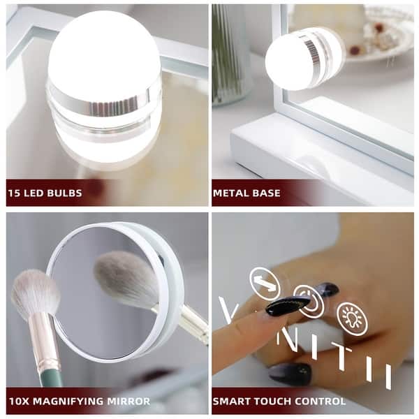 VANITII Large Hollywood Makeup Vanity Mirror with 15 LED Bulbs 3 Lights Adjustable USB Charging ...