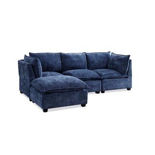 Blue Modern L-Shape Linen Fabric Sectional Sofa with Ottoman - Bed Bath & Beyond - 41237758