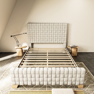 Light Beige Linen Queen Bed Frame with High Back Headboard - Bed Bath ...
