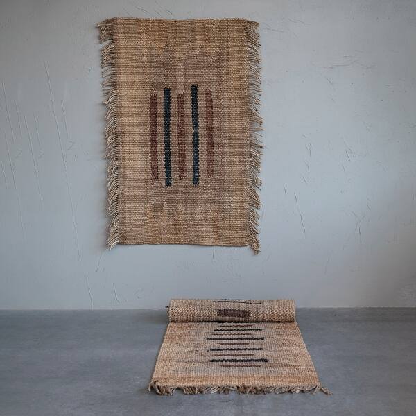 Jute and Leather Floor Runner Rug with Pattern and Fringe - 96.0"L x 30 ...