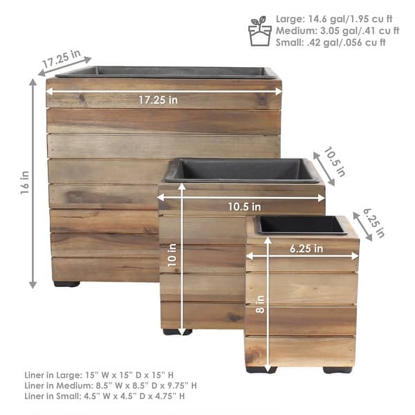Sunnydaze 3-Piece Acacia Wood Square Planter Boxes with Plastic Liners ...