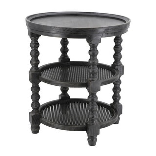 Round Three Tiered Side Table with Rattan Shelf and Turned Legs Wood ...