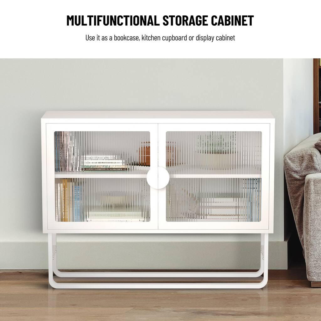 Tempered Glass Cabinet Credenza with 2 Fluted Glass Doors Adjustable ...