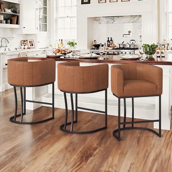 LUE BONA Modern 26.in Low Back Barstool Counter Height Stool Upholstered PU Leather Barrel Bar Stools with Metal Frame Bed Bath Beyond 40955048