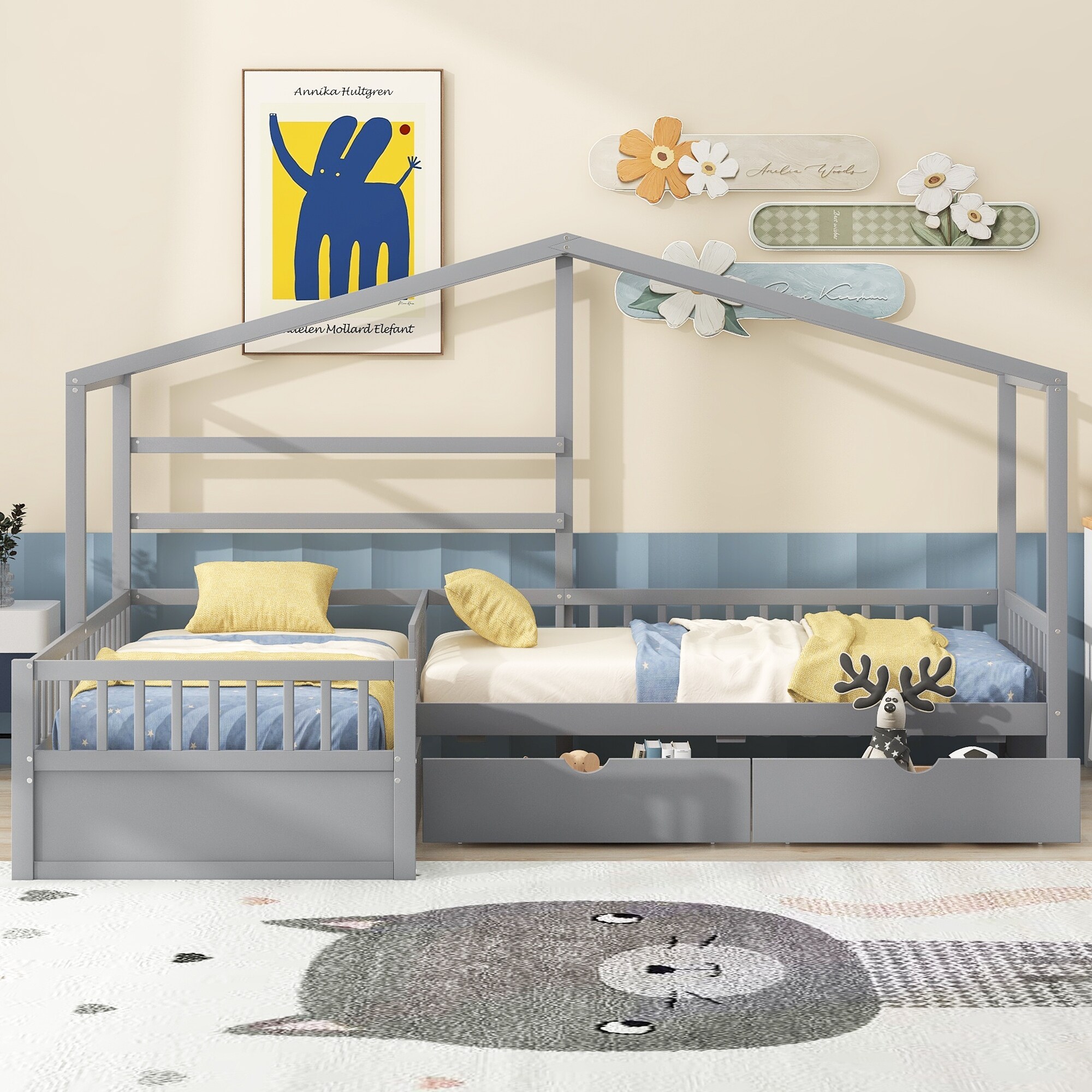 L Shaped Twin Size House Platform Bed with 3 Storage Drawers Pine Wood Frame for Children s Rooms Bed Bath Beyond 41325555