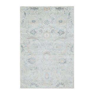 Hand Knotted Ivory Transitional with Wool & Silk Oriental Rug (6'1" x 9 ...